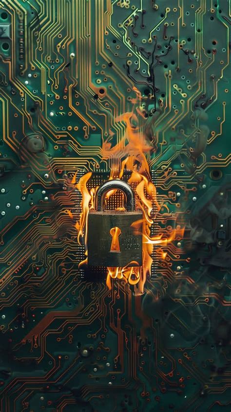 Padlock On Fire Over Computer Motherboard Cybersecurity Breach Concept