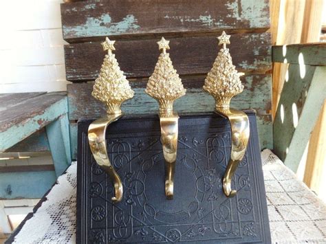 Vintage Set Of 3 Solid Brass Christmas Tree Christmas Stocking Hangers