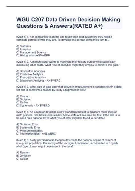 WGU C Data Driven Decision Making Questions Answers RATED A WGU Stuvia US