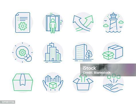 산업용 아이콘 집합입니다 등대 건물 기술 문서 표지판으로 아이콘이 포함되어 있습니다 벡터 건축에 대한 스톡 벡터 아트 및 기타