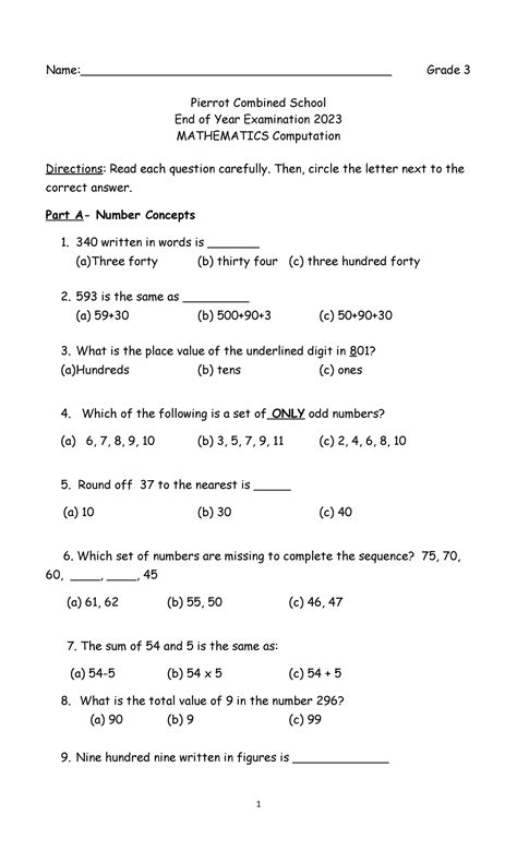 Math Multiple Choice Grade 3 Name