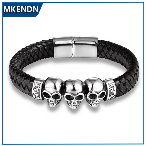 Mkendn 패션 꼰 가죽 해골 팔찌 펑크 랩 스테인레스 스틸 마그네틱 버클 패션 팔찌bracelet Punk