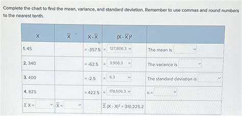 Complete The Chart To Find The Mean Variance And Standard Deviation Remember To Use Commas