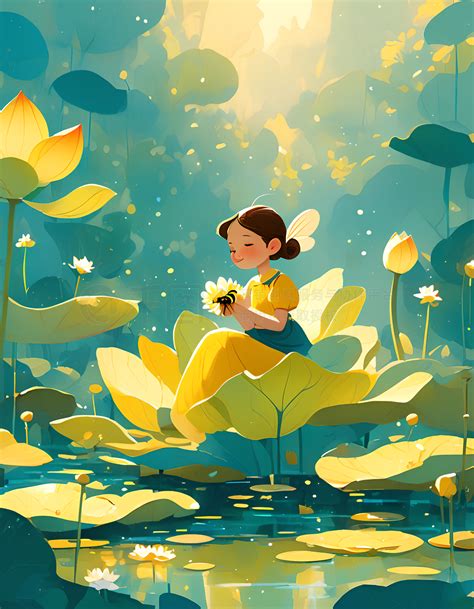 插画ai数字艺术 可爱女孩坐在荷叶上与蜜蜂插画 Ai平面元素免费下载png格式2688像素编号70834773 千图网