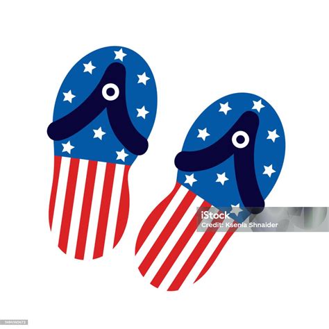 미국 국기 플립 플롭 벡터 아이콘입니다 7월 4일 별과 줄무늬가 있는 비치 샌들 한 켤레 미국 독립 기념일 신발 여름 바다 휴가를위한 슬리퍼 인쇄용 평면 만화 클립 아트