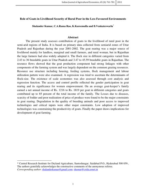 Pdf Role Of Goats In Livelihood Security Of Rural Poor In The Less Favoured Environments