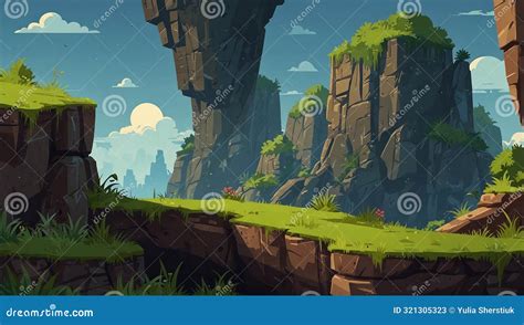 Platformer Game Background With Grassy Cliffs And Clear Sky 2d Style