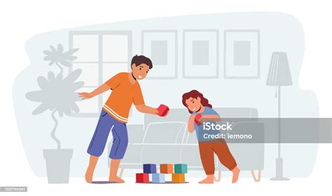 여가 시간을 재생 하는 아이 작은 소년과 소녀는 바닥에 큐브의 장난감 건물 타워와 함께 재생합니다 귀여운 어린이 레저 아이에 대한 스톡 벡터 아트 및 기타 이미지 Istock