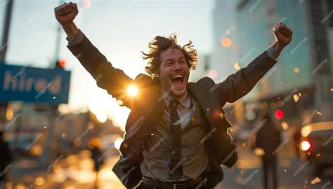 Premium Photo Successful Excited Businessman Raising Hands In The