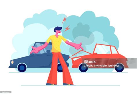 도로에 자동차 사고 화가 드라이버 남성 캐릭터는 추락 자동차와 길가에 서 논쟁 보험 상황 도시 거주자 는 교통 고장 만화 평면 벡터 일러스트에서 고통 감정에 대한 스톡 벡터