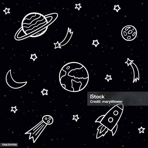 낙서 공간 요소와 원활한 패턴입니다 별 행성 혜성 달 로켓 어두운 밤 배경에 유성 벡터 일러스트입니다 낙서 드로잉에 대한 스톡 벡터 아트 및 기타 이미지 Istock