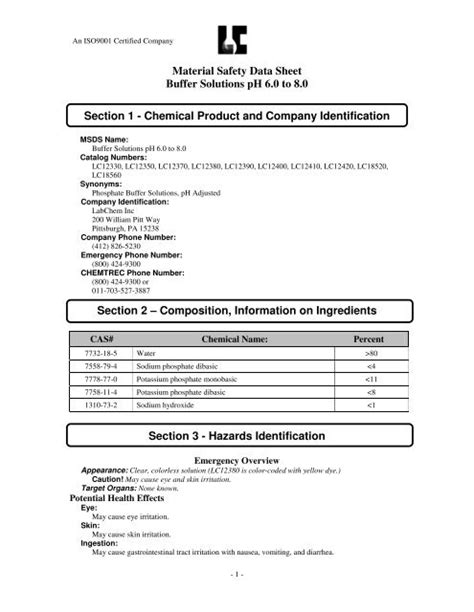material safety data sheet buffer solutions ph 6 0 to 8 0 section 1