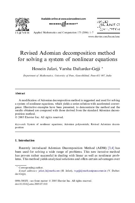 Pdf Revised Adomian Decomposition Method For Solving A System Of Nonlinear Equations