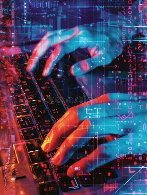 Hands Rapidly Type On A Keyboard Surrounded By Vibrant Digital Symbols And Codes Reflecting An