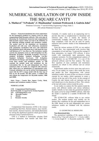 Numerical Simulation Of Flow Inside The Square Cavity Pdf