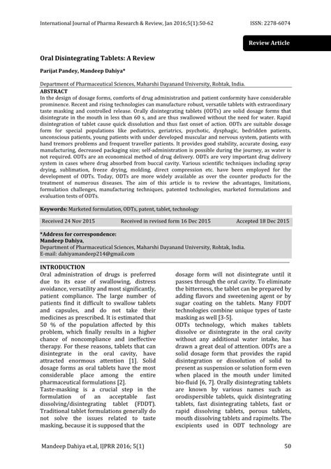 Pdf Oral Disintegrating Tablets A Review