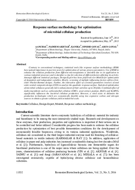 Pdf Response Surface Methodology For Optimization Of Microbial Cellulase Production