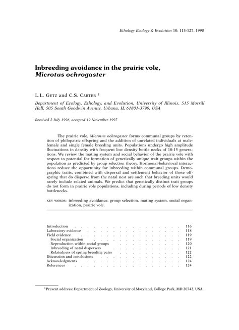 Pdf Inbreeding Avoidance In The Prairie Vole Microtus Ochrogaster