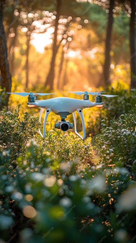 A White Drone Hovers In The Air With A Camera Lens Pointed At The