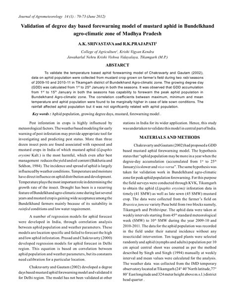 Pdf Validation Of Degree Day Based Forewarning Model Of Mustard Aphid In Bundelkhand Agro