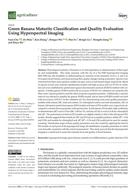 Pdf Green Banana Maturity Classification And Quality Evaluation Using Hyperspectral Imaging