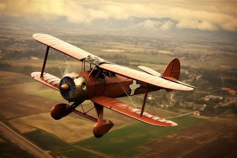 Vintage Bi Plane Over Farmland Premium Ai Generated Image