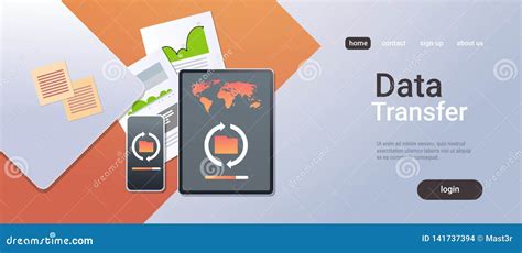 Data Transfer Cloud Computer Connection Database Synchronize Concept Top Angle View Desktop