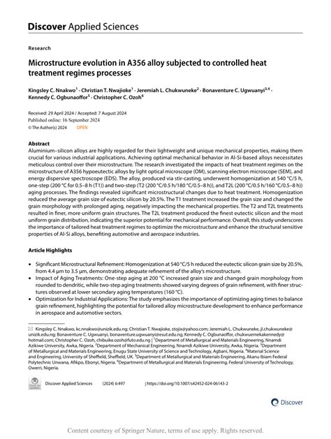 Pdf Microstructure Evolution In A356 Alloy Subjected To Controlled Heat Treatment Regimes