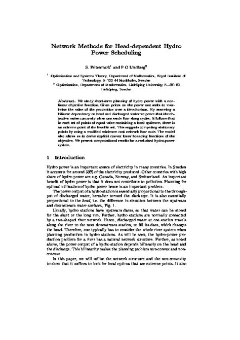 Pdf Network Methods For Head Dependent Hydro Power Scheduling Per Olov Lindberg