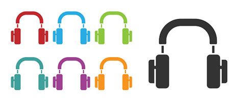 흰색 배경에 격리 된 블랙 헤드폰 아이콘 이어폰 음악 서비스 커뮤니케이션 및 운영자를 청취하기위한 개념 다채로운 아이콘을 설정합니다 벡터 Dj에 대한 스톡 벡터 아트 및