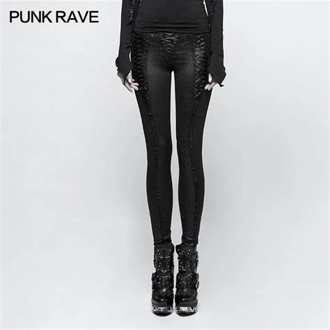 펑크 레이브 여성 슬림 피트 펑크 레깅스 블랙 레이스 업 우아한 스키니 바지 고딕 클럽 패션 파티 긴 연필 바지 슬림 피트