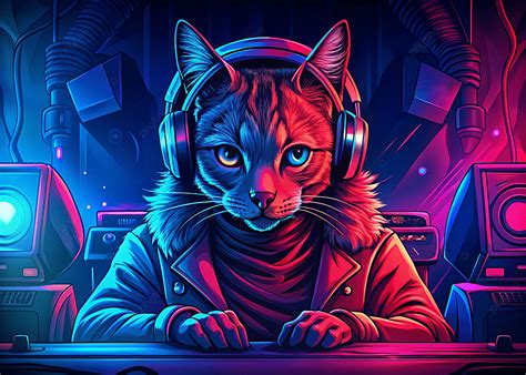 Tech Savvy Cat In Neon Colors Background Gamer Cat Neon Cyberpunk