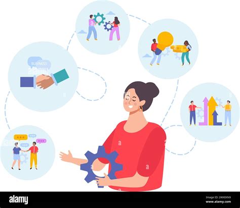 Business Merger Concept Flat Background With Woman Holding Gear Surrounded By Compositions Of