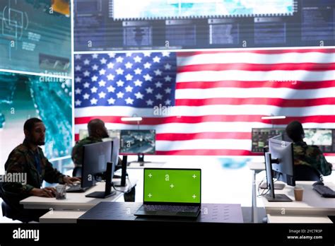Us Army Working In A Top Secret Control Center With Isolated Mockup Screen Ensuring National