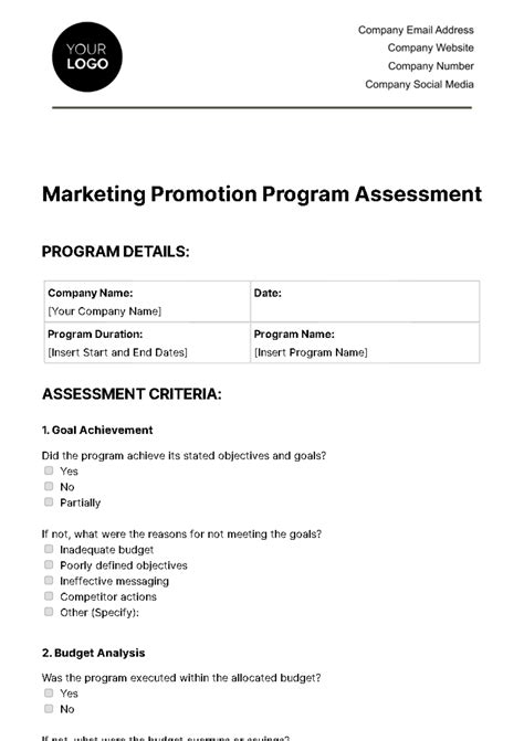 Free Marketing Promotion Program Assessment Template To Edit Online