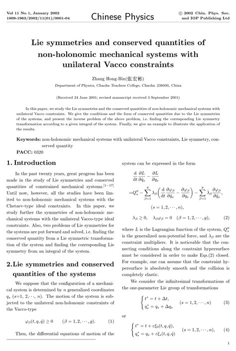 Pdf Lie Symmetries And Conserved Quantities Of Non Holonomic