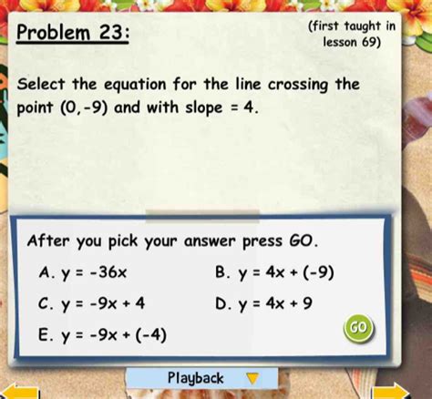 solved problem 23 first taught in lesson 69 select the equation for