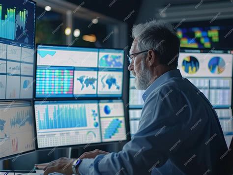 Data Analyst Reviewing Quarterly Earnings With Multiple Screens