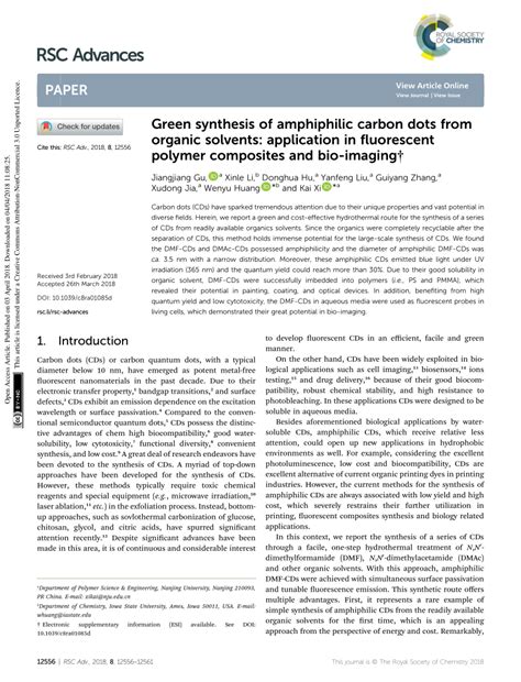Pdf Green Synthesis Of Amphiphilic Carbon Dots From Organic Solvents Application In