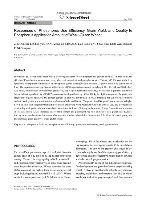 Pdf Responses Of Phosphorus Use Efficiency Grain Yield And Quality