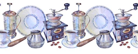 원활한 국경 수채화 오래된 커피 분쇄기 공장 아로마 음료 차 한 잔 흰색 배경에 고립 된 커피 콩을 위한 프렌치 프레스 카페인이