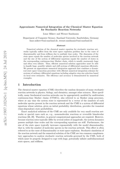 Pdf Approximate Numerical Integration Of The Chemical Master Equation