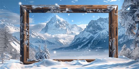 눈 덮인 산의 전망을 감상할 수 있는 맑은 하늘과 겨울나무로 둘러싸인 나무 프레임 활기 없는 눈 덮인 산의 경치 겨울 나무 배경 일러스트 및 사진 무료 다운로드