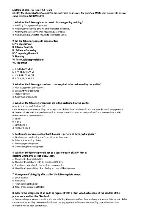 Auditing Principles Midterm EXAM Multiple Choice Items Hours Identify The Choice That