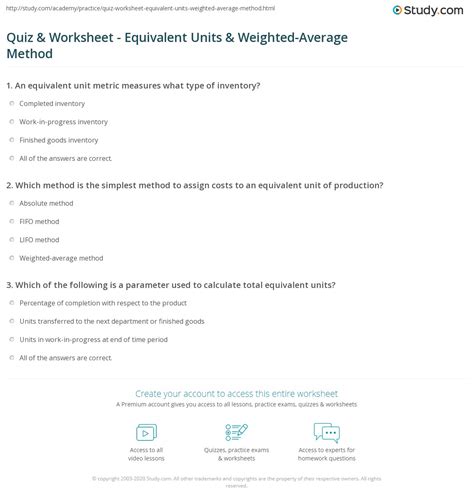 Quiz And Worksheet Equivalent Units And Weighted Average Method