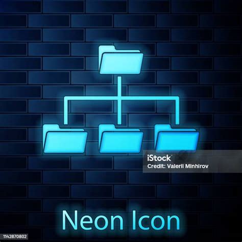 빛나는 네온 폴더 트리 아이콘 벽돌 벽 배경에 고립 컴퓨터 네트워크 파일 폴더 구성 순서도 벡터 일러스트 0명에 대한 스톡 벡터 아트 및 기타 이미지 Istock