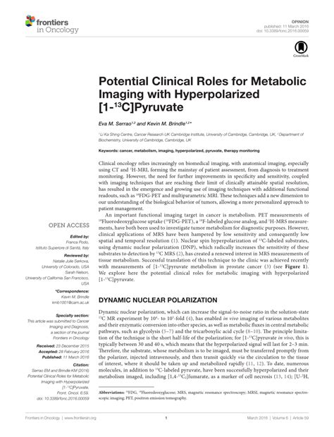 Pdf Potential Clinical Roles For Metabolic Imaging With Hyperpolarized [1 13c]pyruvate