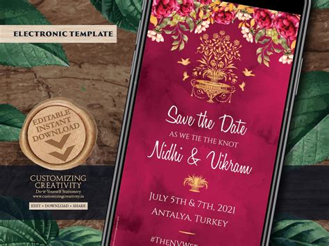 Save The Date Editable Template Digital Download For Your Royal Indian Wedding Invitation In
