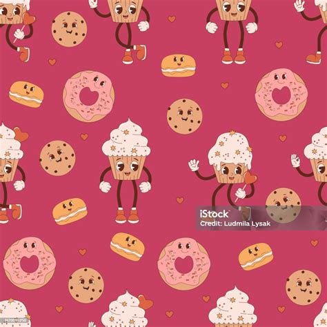복고풍 완벽 한 패턴입니다 귀여운 그루비 만화 캐릭터 컵케이크 도넛 쿠키 마카롱 마젠타 배경 아이 컬렉션 벽지 디자인 섬유 포장