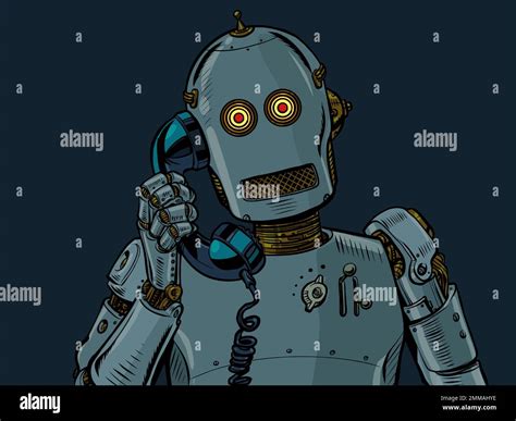 A Humanoid Robot Speaks On An Old Wire Telephone Artificial